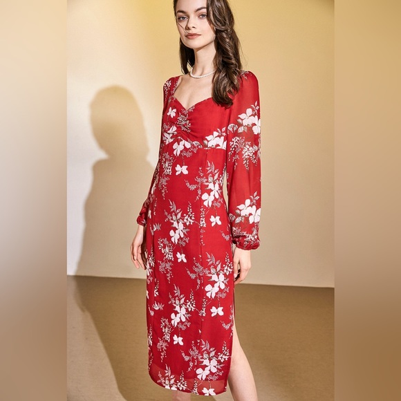 J.ING | Dresses | Jing New Fire Brick Floral Print Long Sleeve Midi ...